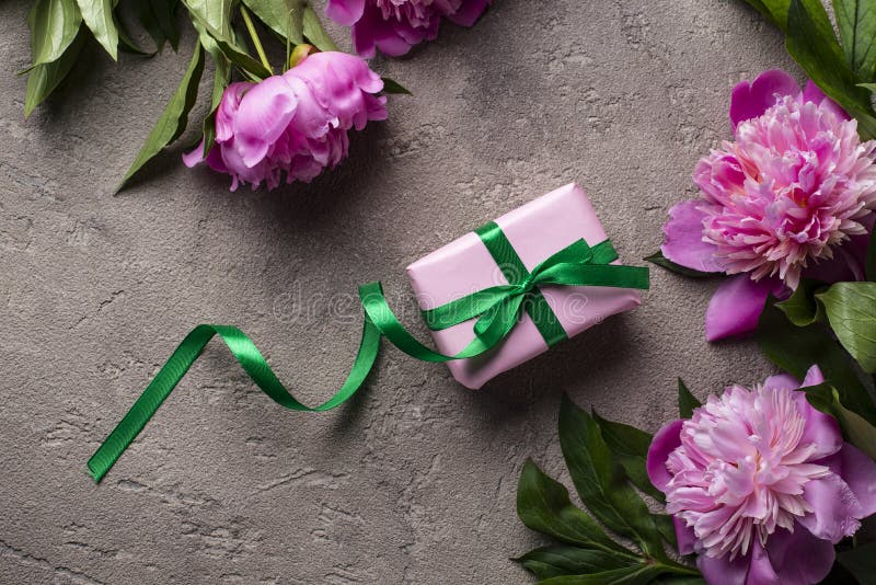 Pink Peony Flowers and Gift Box Stock Image - Image of card, pink ...