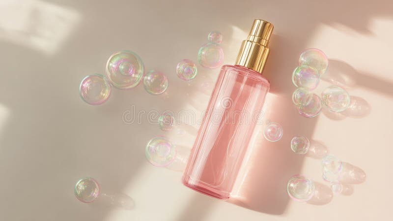Pink Perfume Bottle with Golden Cap Surrounded by Colorful Bubbles, 3d ...