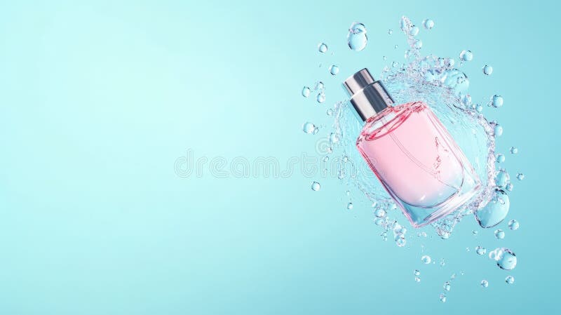 Pink Perfume Bottle Levitating with Water Splash on Turquoise ...