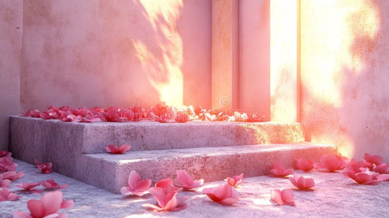 Pink Petals on Stone Steps in Sunlit Architecture Stock Illustration ...