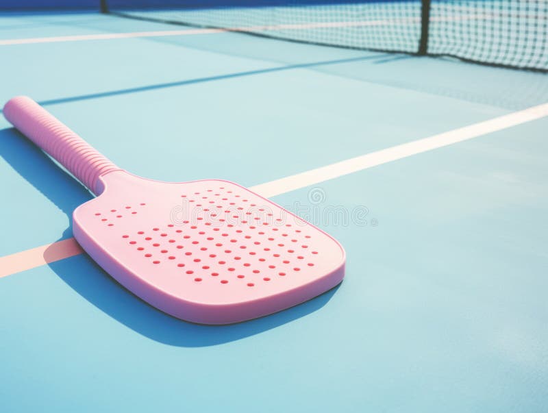 Pink Pickleball Paddle on a Blue Court with Shadow and Net. Stock Image ...