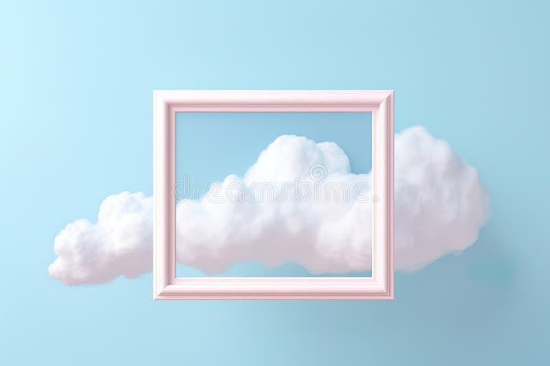 Pink Picture Frame with Fluffy Clouds Isolated on Light Blue Background ...
