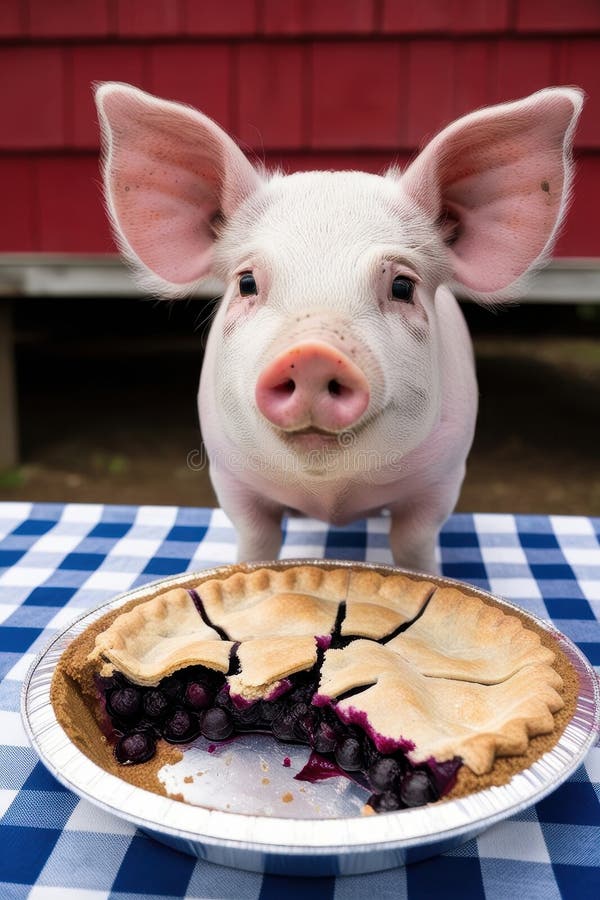Pink Pig beside Blueberry Pie on Blue-checkered Cloth, Close-up Stock ...