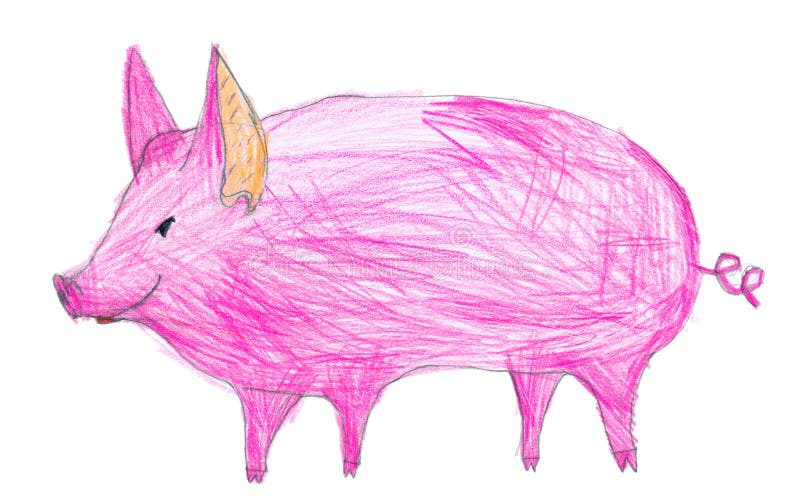 Pink Pig. Children Pencil Drawing Stock Illustration - Illustration of ...