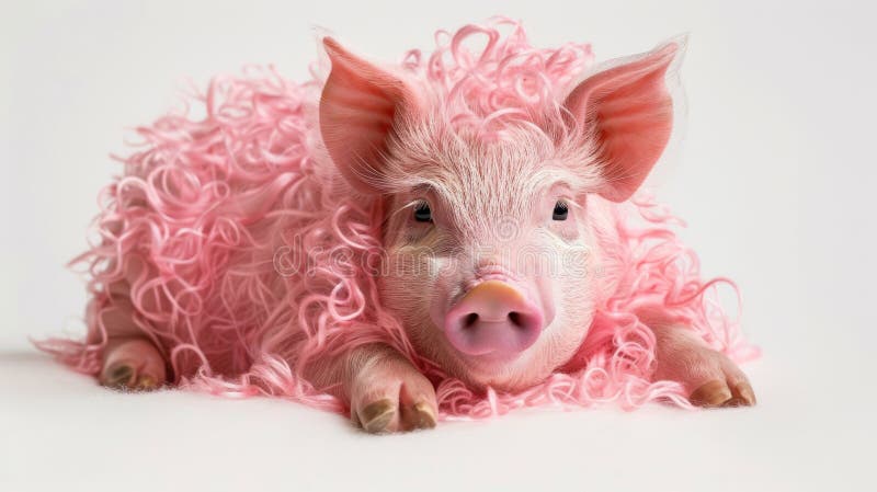Pink Pig with Curly Hair on White Background Stock Photo - Image of ...