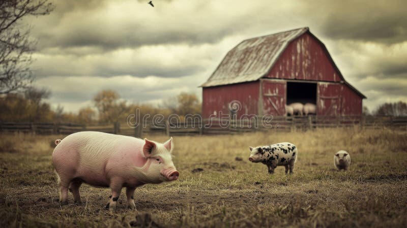 Pink Pig and Piglets in Front of Red Barn on Farm Stock Illustration ...