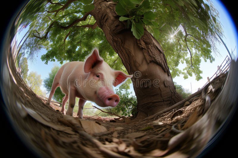 Pink Pig Under a Tree, Fisheye Lens Warping the Trunk and Branches ...