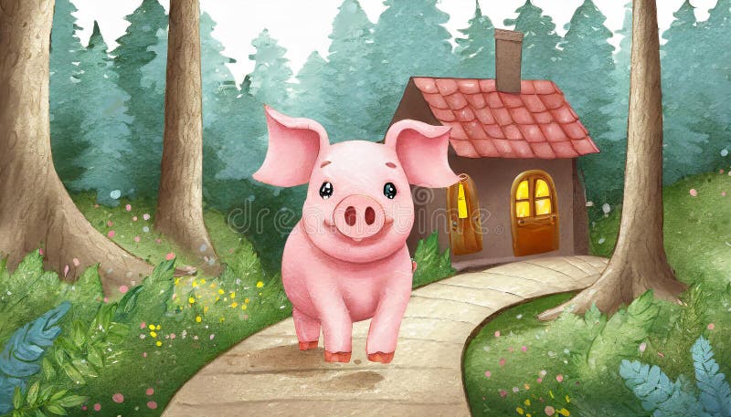 Pink Pig Walking Down a Path Leading To Its Little House in Forest ...