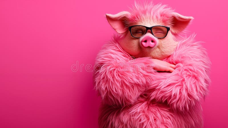 A Pink Pig Wearing Glasses and a Pink Fur Coat Stock Image - Image of ...