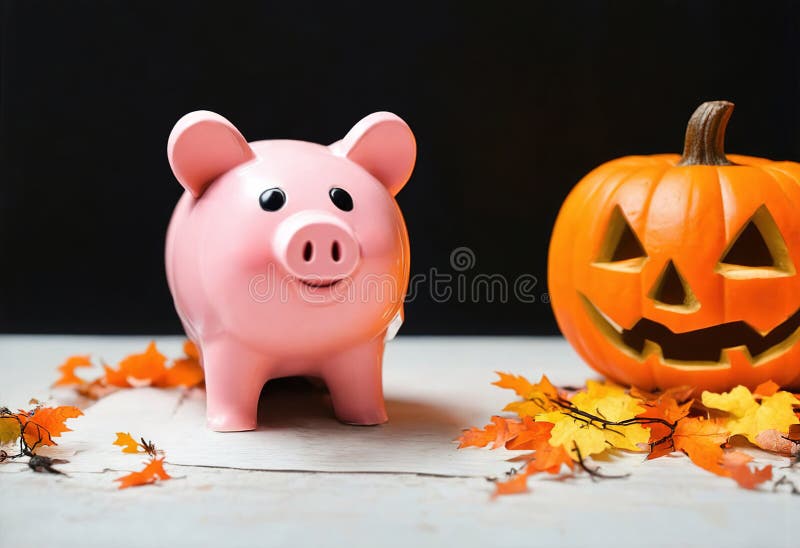 A Pink Piggy Bank in a Halloween Scene at 27-9-2024 Stock Illustration ...