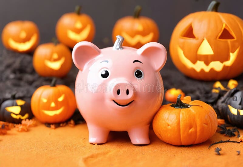 A Pink Piggy Bank in a Halloween Scene at 27-9-2024 Stock Illustration ...