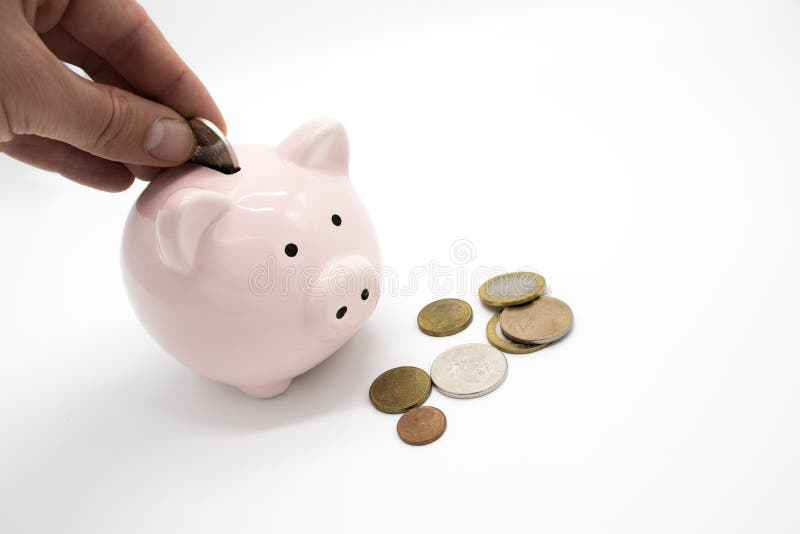 Pink Piggy Bank and Money Isolated on White Stock Image - Image of ...
