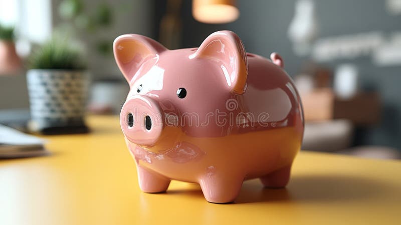 Pink Piggy Bank Yellow Table Blurred Background Stock Photos - Free ...