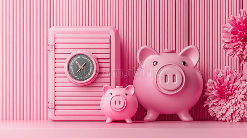 Pink Piggy Banks, Safe, Clock, Flowers Stock Photo - Image of planning ...