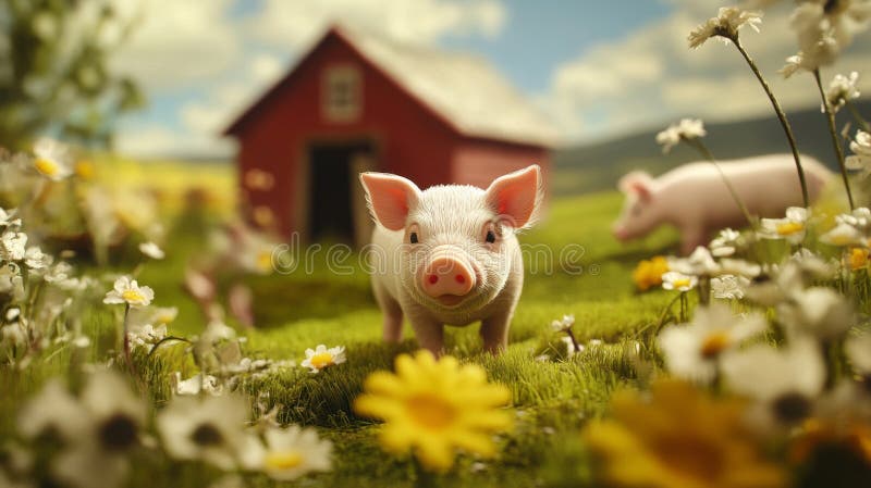 Pink Piglet in a Flower Field Near a Red Barn Stock Illustration ...