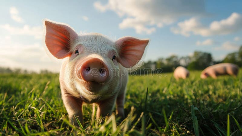 Pink Piglet in a Green Pasture Stock Illustration - Illustration of ...