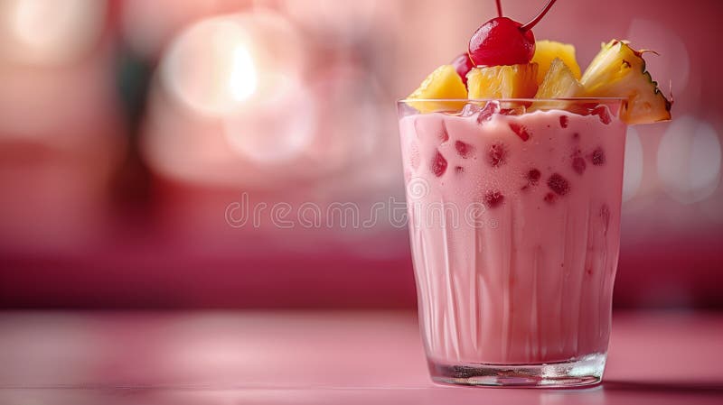 Pink Pineapple and Cherry Cocktail with Ice on a Pink Tabletop Stock ...