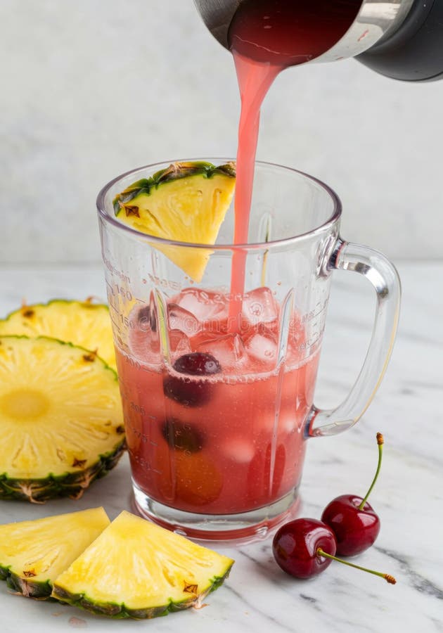 Pink Pineapple Cherry Cocktail Pouring into Glass Stock Illustration ...