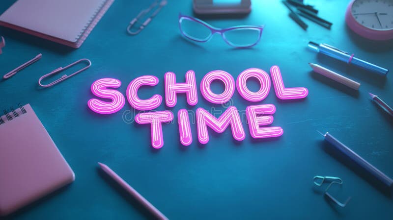Pink Pixel School Time Text on Blue Desk with Supplies Stock ...