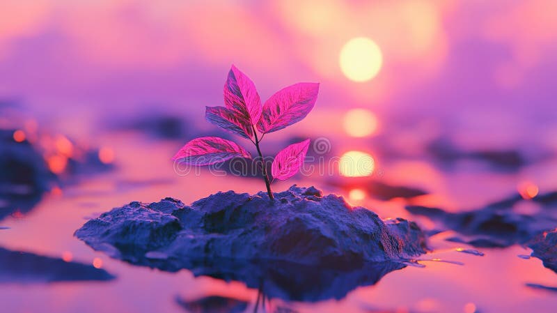 Pink Plant Sprout Growing on Rock in Sunset Stock Photo - Image of pink ...