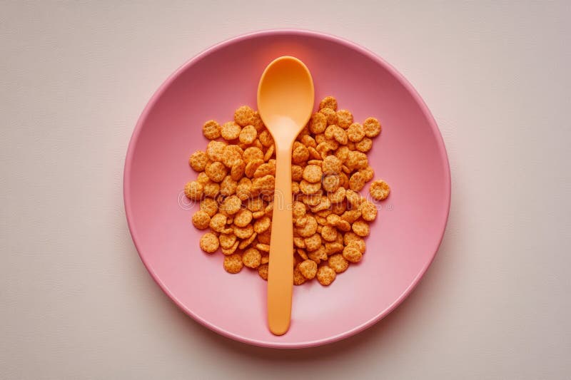 Pink Plate with Orange Spoon and Cereals is Waiting for Milk on a Pink ...