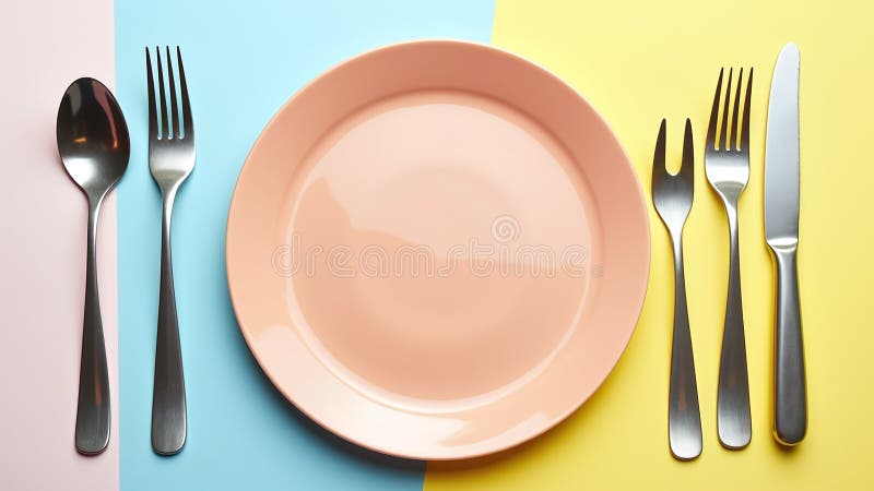 Pink Plate and Silverware on Multi-Colored Background Stock ...