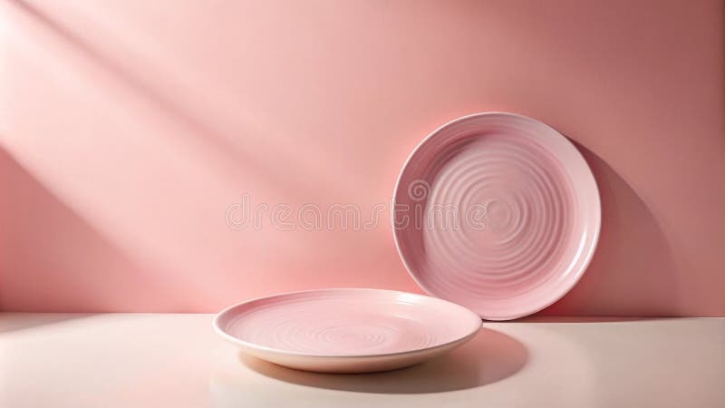 Pink Plates Resting on a Surface Against a Pale Pink Wall Bathed in ...