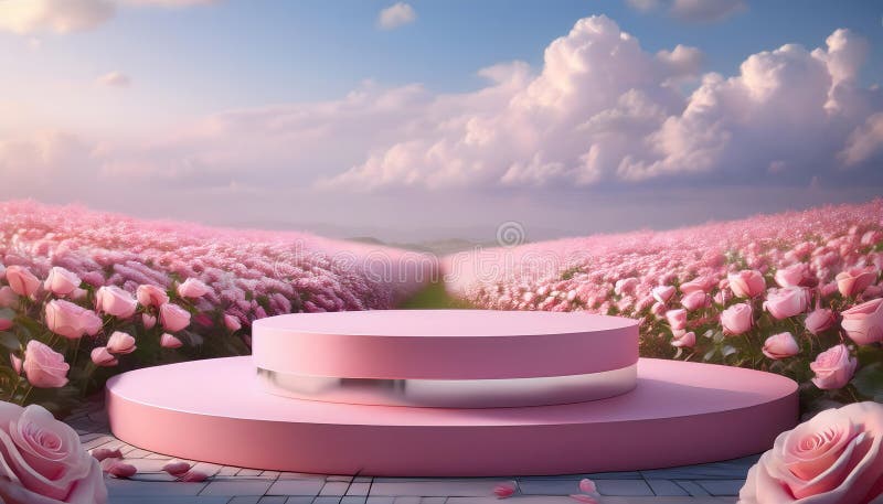 A Pink Platform Surrounded by Roses and a Field of Pink Flowers Under a ...
