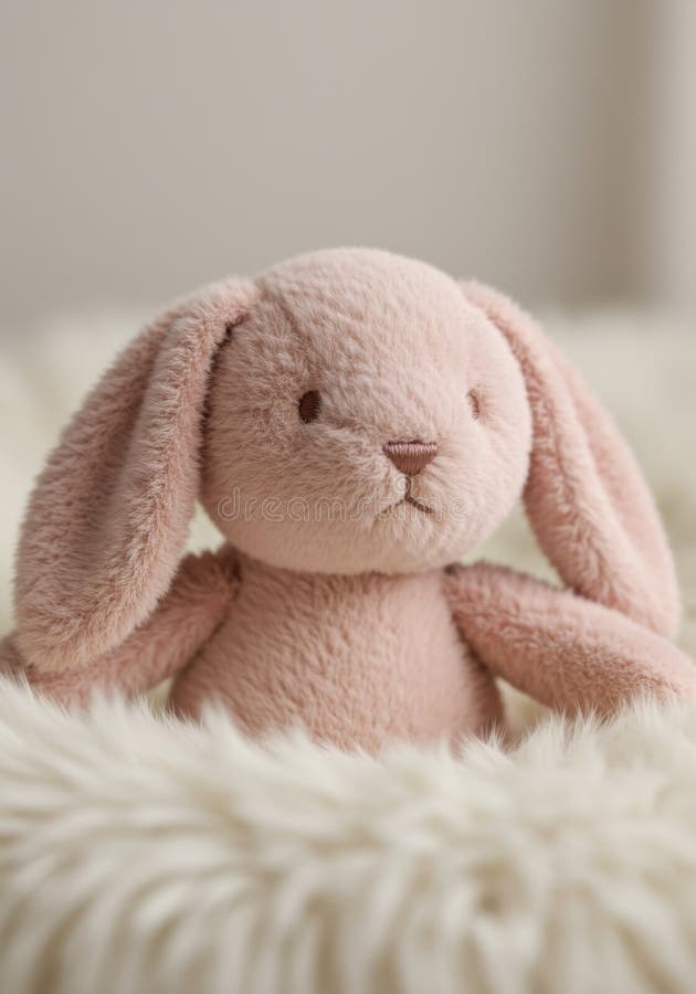 Pink Plush Bunny Toy on White Fur Blanket Stock Illustration ...