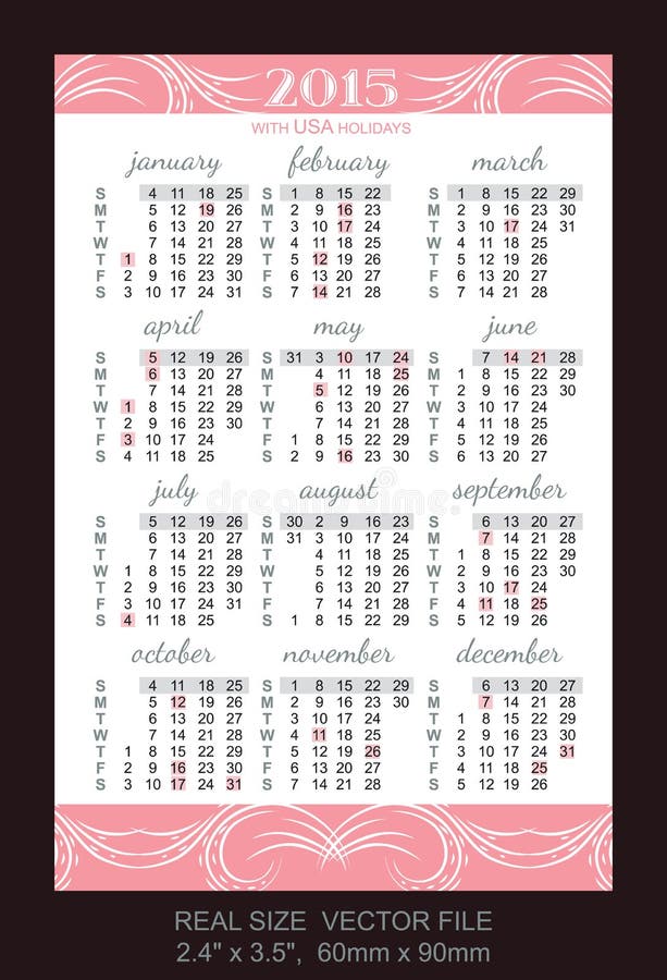 Pink Pocket Calendar 2015, with USA Holidays Stock Vector ...