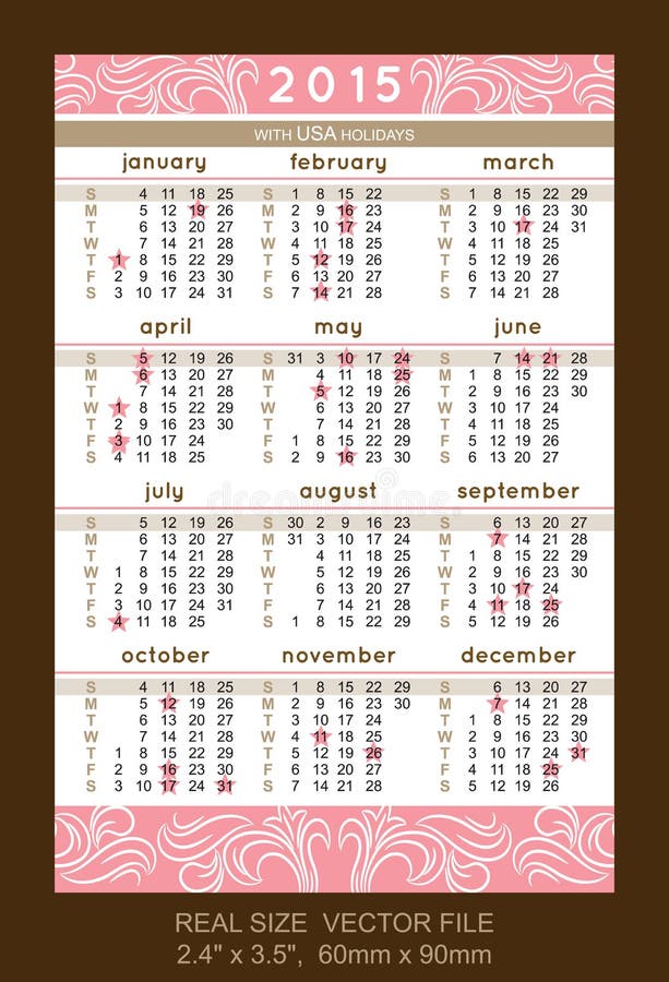 Pink Pocket Calendar 2015, with USA Holidays Stock Vector ...