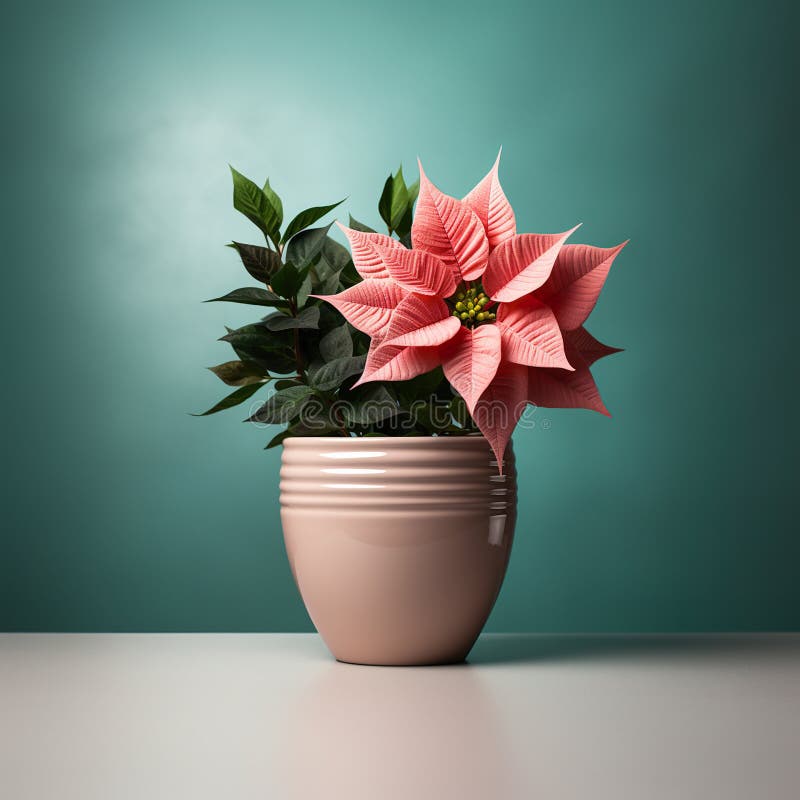 A Pink Poinsettia In A White Vase On A Table Generative Ai Image
