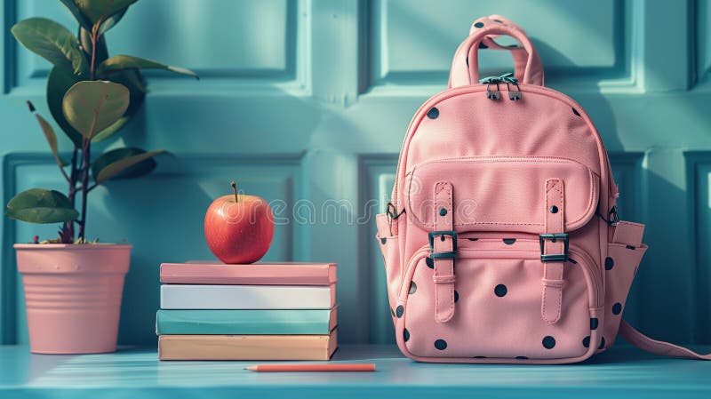 Pink Polka Dot Backpack with Books and Apple on Desk Stock Image ...