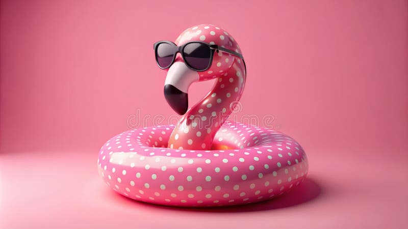 Pink Polka Dot Flamingo in Inflatable Ring Summer Fun Stock ...