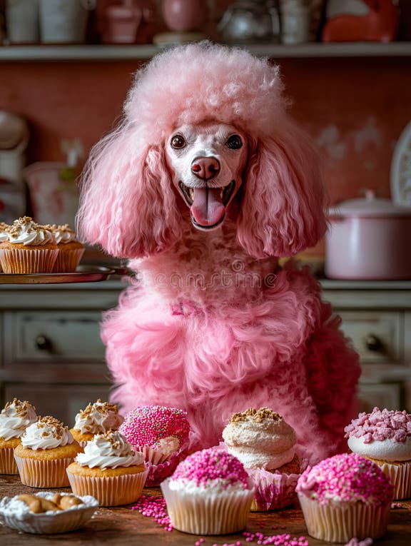 A Pink Poodle Sitting in Front of a Table Full of Cupcakes Stock Image ...