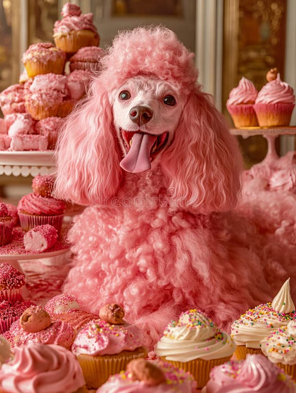 A Pink Poodle Sitting in Front of a Table Full of Cupcakes Stock Photo ...