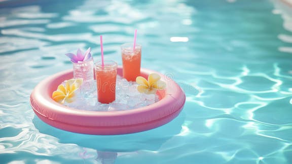 Pink Pool Float with Refreshing Cocktails Stock Illustration ...