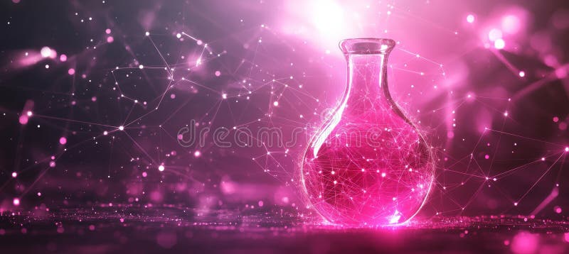 Pink Potion in a Glass Flask with Abstract Network Background, Science ...