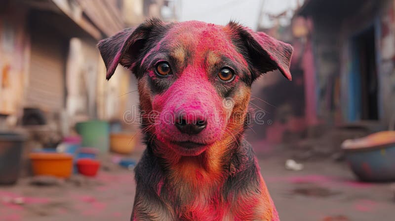 Pink Powder Covered Dog Portrait in Urban Setting Stock Illustration ...