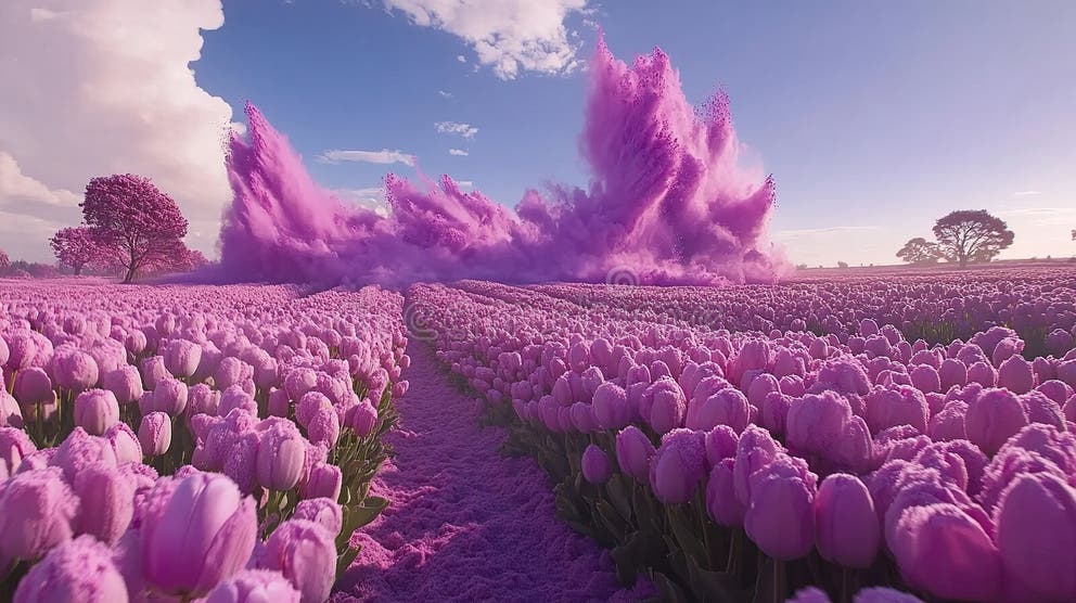 Pink Powder Explodes in Tulip Field, Sunset Stock Image - Image of ...