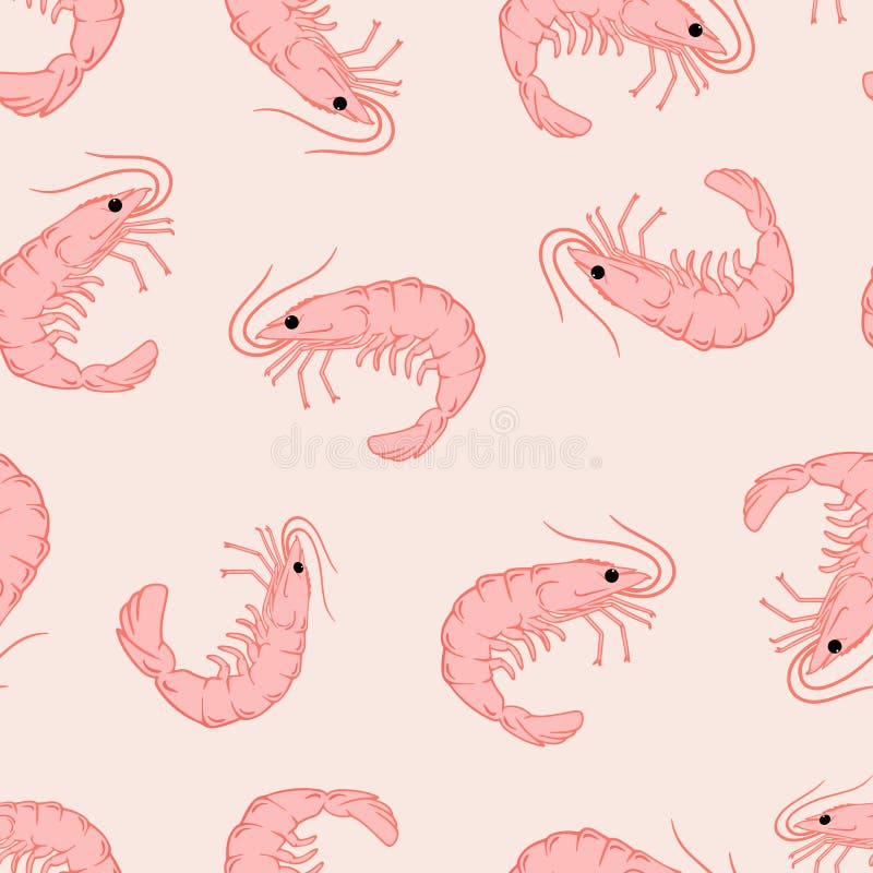 Pink Prawn Pattern. Seamless Hand Drawn Vector Pattern . Seafood ...