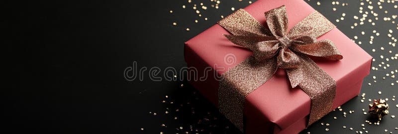 Pink Present Box with Lush Bow on a Black Background Decorated with ...