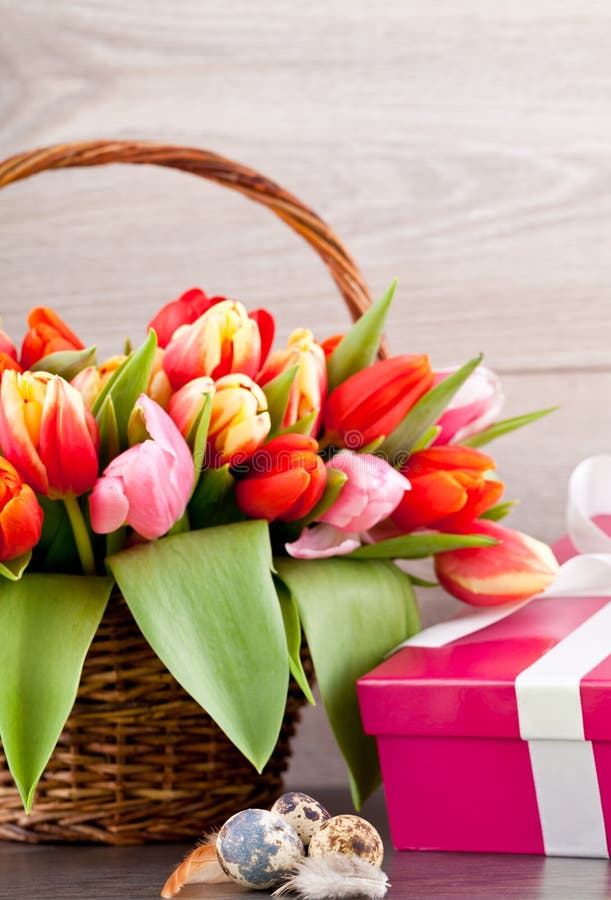 Pink Present and Colorful Tulips Festive Easter Decoration Stock Image ...