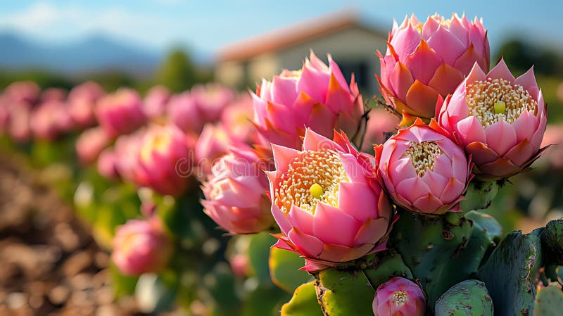 Pink Prickly Pear Blooms in Rural Field, Sunlit Stock Illustration ...