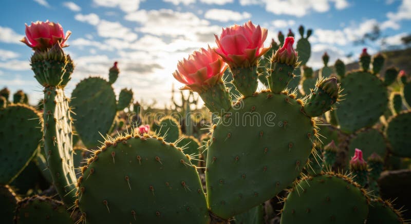 Pink Prickly Pear Cactus Blossoms in Bright Sunlight Stock Illustration ...