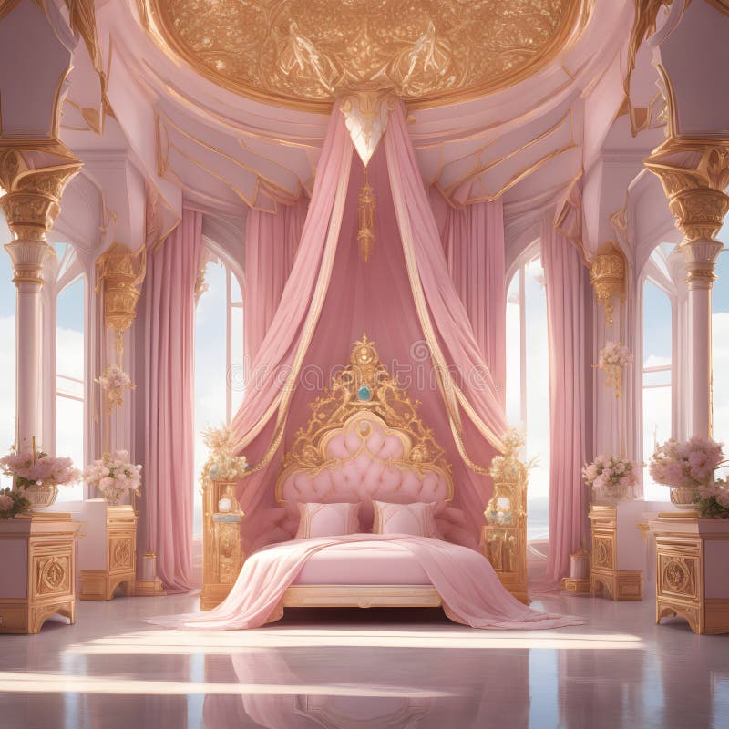 Pink Princess Bedroom Fantasy. Generative AI. Stock Illustration ...