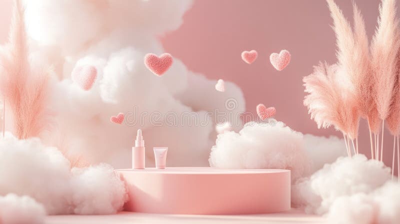 Pink Dreamy Product Display with Fluffy Clouds and Pampas Grass Stock ...