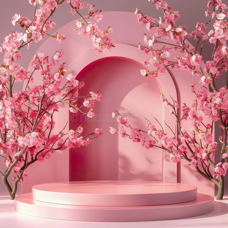 Pink Product Display with Spring Cherry Blossoms Stock Image - Image of ...
