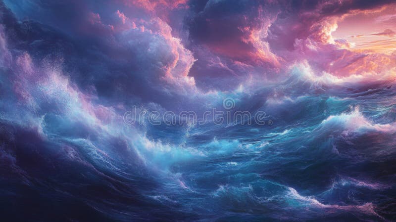Pink Purple Blue Ocean Waves Under Dramatic Sunset Sky Stock ...
