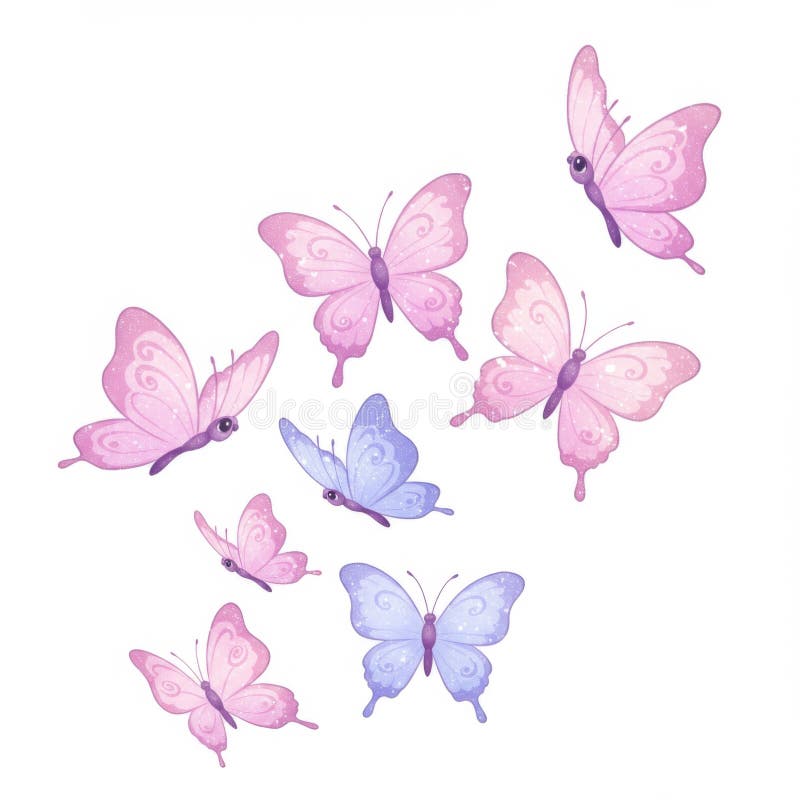 Pink and Purple Butterflies in Flight on White Background Stock ...